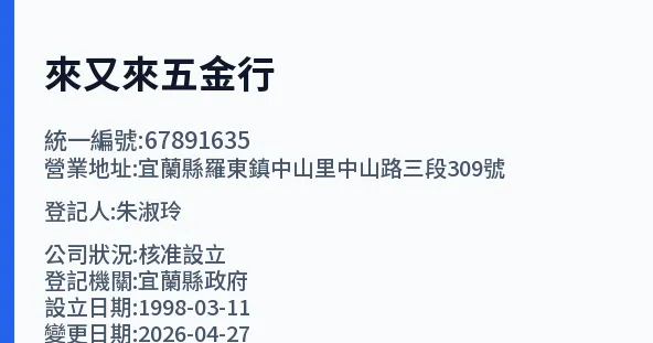 來又來五金行的照片-統編 67891635(宜蘭縣) 公司登記資料與營業項目詳細圖表