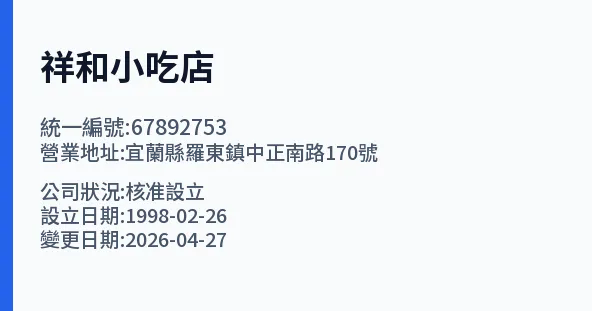 祥和小吃店的照片-統編 67892753(宜蘭縣) 公司登記資料與營業項目詳細圖表