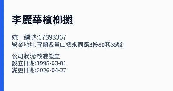 李麗華檳榔攤的照片-統編 67893367(宜蘭縣) 公司登記資料與營業項目詳細圖表