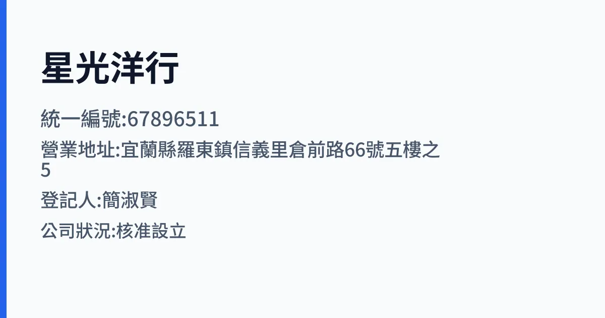 星光洋行 - 統編 67896511(宜蘭縣) 公司登記資料與營業項目詳細圖表
