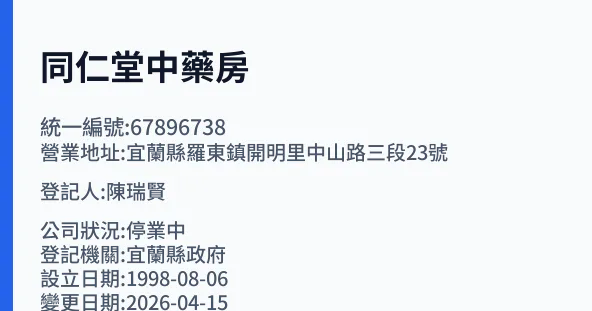 同仁堂中藥房的照片-統編 67896738(宜蘭縣) 公司登記資料與營業項目詳細圖表
