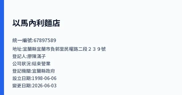 以馬內利麵店的照片-統編 67897589(宜蘭縣) 公司登記資料與營業項目詳細圖表