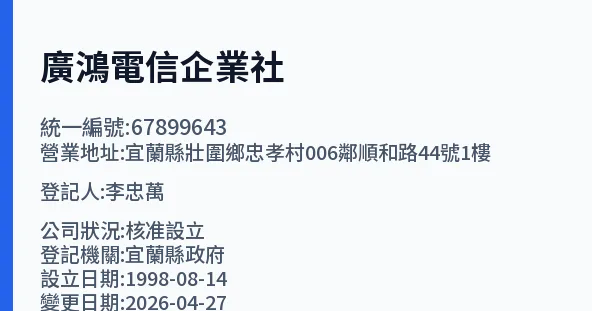 廣鴻電信企業社的照片-統編 67899643(宜蘭縣) 公司登記資料與營業項目詳細圖表