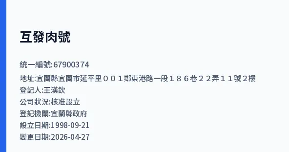 互發肉號的照片-統編 67900374(宜蘭縣) 公司登記資料與營業項目詳細圖表