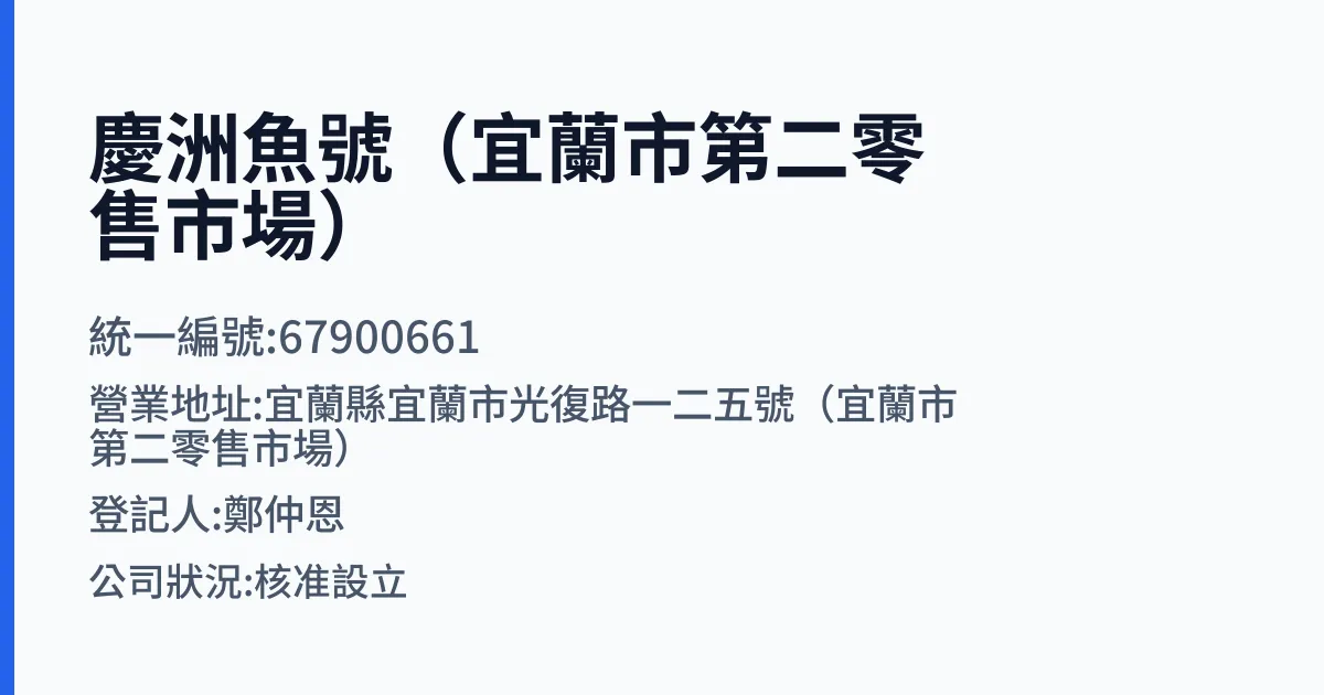 慶洲魚號（宜蘭市第二零售市場） - 統編 67900661（宜蘭縣） 公司登記資料與營業項目詳細圖表