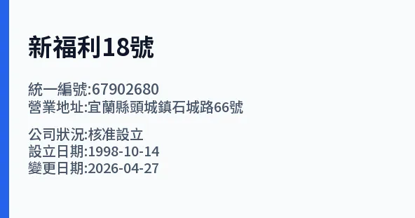 新福利18號的照片-統編 67902680(宜蘭縣) 公司登記資料與營業項目詳細圖表