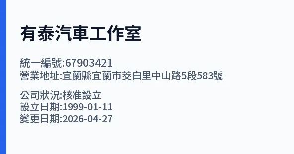 有泰汽車工作室的照片-統編 67903421(宜蘭縣) 公司登記資料與營業項目詳細圖表