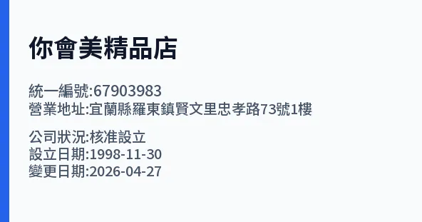 你會美精品店的照片-統編 67903983(宜蘭縣) 公司登記資料與營業項目詳細圖表