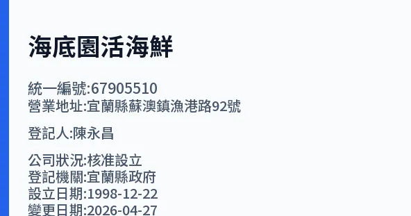 海底園活海鮮的照片-統編 67905510(宜蘭縣) 公司登記資料與營業項目詳細圖表