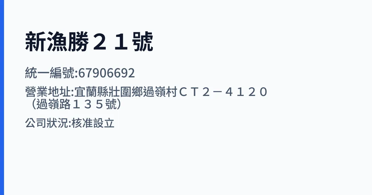 新漁勝21號 - 統編 67906692(宜蘭縣) 公司登記資料與營業項目詳細圖表