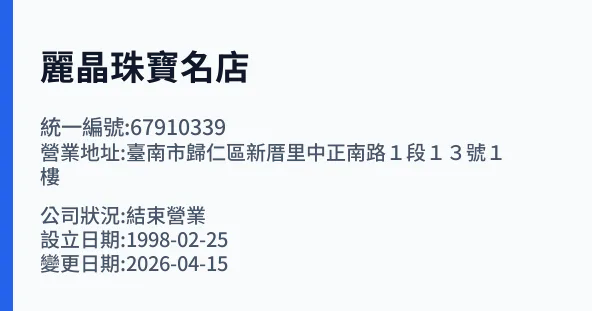 麗晶珠寶名店的照片-統編 67910339(臺南市) 公司登記資料與營業項目詳細圖表