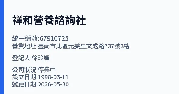 祥和營養諮詢社的照片-統編 67910725(臺南市) 公司登記資料與營業項目詳細圖表