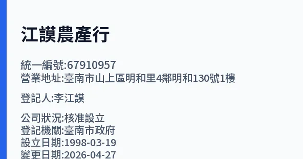江謨農產行的照片-統編 67910957(臺南市) 公司登記資料與營業項目詳細圖表