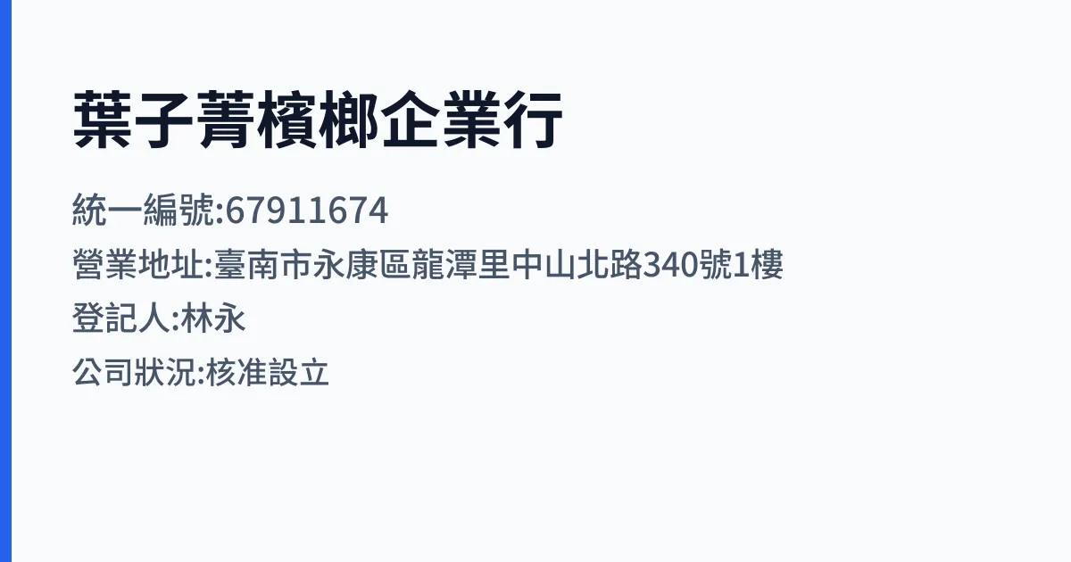 葉子菁檳榔企業行 - 統編 67911674(臺南市) 公司登記資料與營業項目詳細圖表