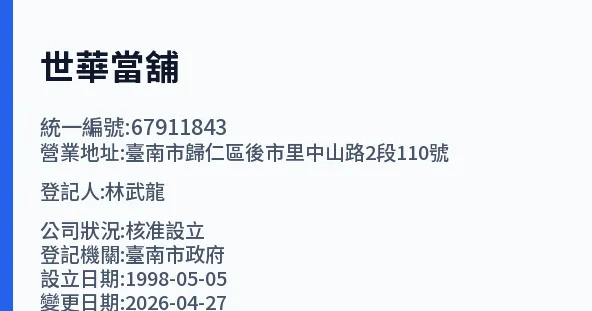 世華當舖的照片-統編 67911843(臺南市) 公司登記資料與營業項目詳細圖表