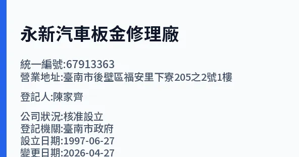 永新汽車板金修理廠的照片-統編 67913363(臺南市) 公司登記資料與營業項目詳細圖表