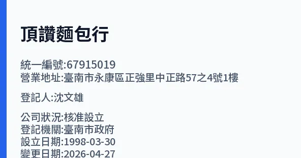 頂讚麵包行的照片-統編 67915019(臺南市) 公司登記資料與營業項目詳細圖表