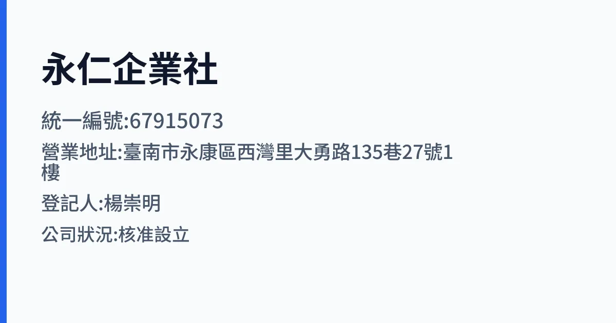 永仁企業社 - 統編 67915073(臺南市) 公司登記資料與營業項目詳細圖表