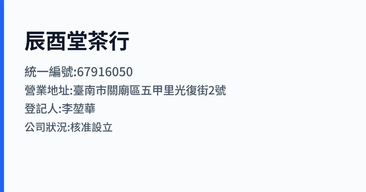 辰酉堂茶行 - 統編 67916050(臺南市) 公司登記資料與營業項目詳細圖表