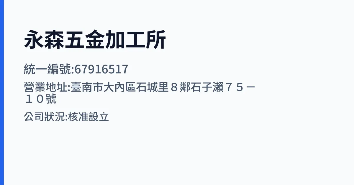 永森五金加工所 - 統編 67916517(臺南市) 公司登記資料與營業項目詳細圖表