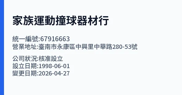 家族運動撞球器材行的照片-統編 67916663(臺南市) 公司登記資料與營業項目詳細圖表