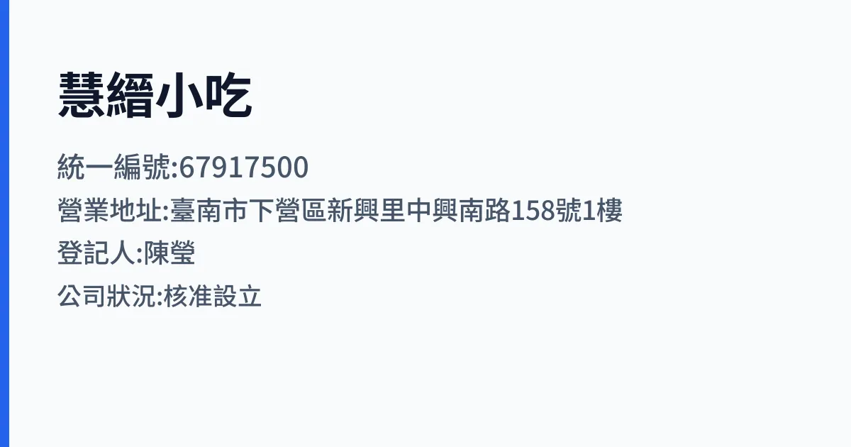 慧縉小吃 - 統編 67917500(臺南市) 公司登記資料與營業項目詳細圖表