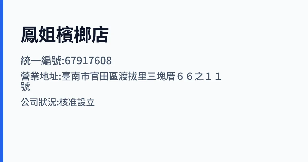 鳳姐檳榔店 - 統編 67917608(臺南市) 公司登記資料與營業項目詳細圖表