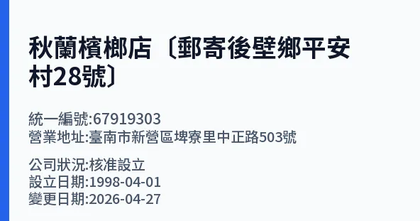 秋蘭檳榔店〔郵寄後壁鄉平安村28號〕的照片-統編 67919303(臺南市) 公司登記資料與營業項目詳細圖表