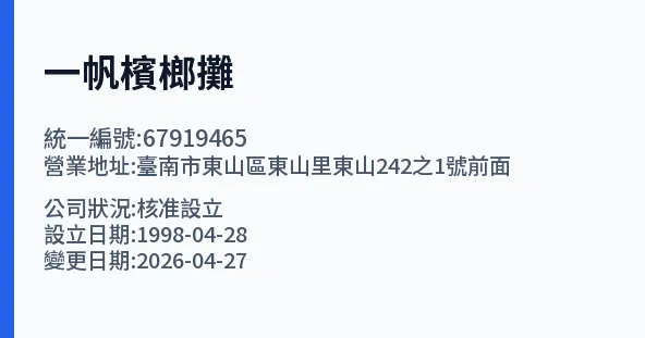 一帆檳榔攤的照片-統編 67919465(臺南市) 公司登記資料與營業項目詳細圖表
