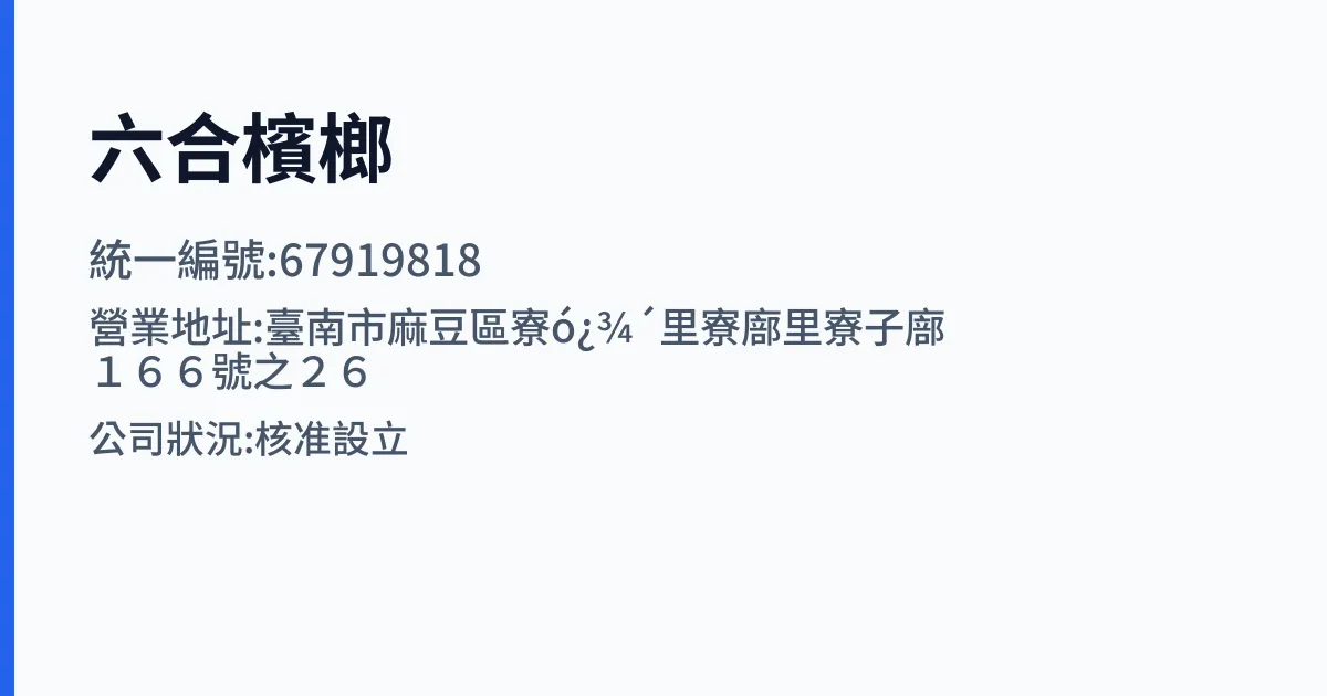 六合檳榔 - 統編 67919818(臺南市) 公司登記資料與營業項目詳細圖表