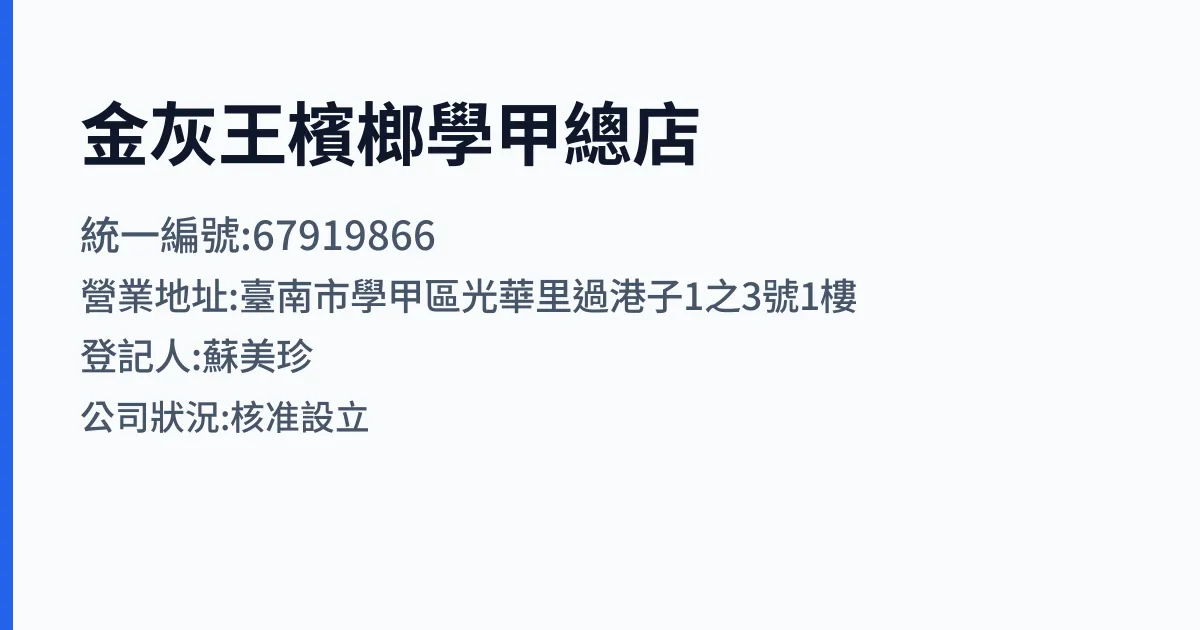 金灰王檳榔學甲總店 - 統編 67919866(臺南市) 公司登記資料與營業項目詳細圖表