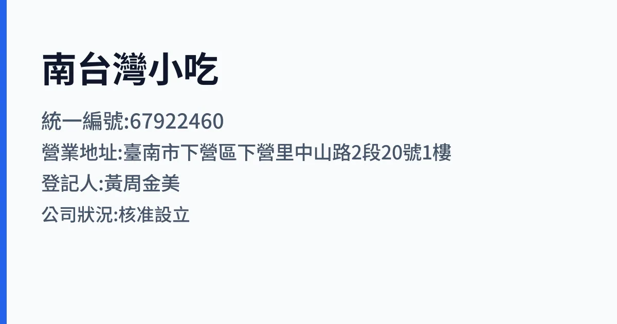 南台灣小吃 - 統編 67922460(臺南市) 公司登記資料與營業項目詳細圖表
