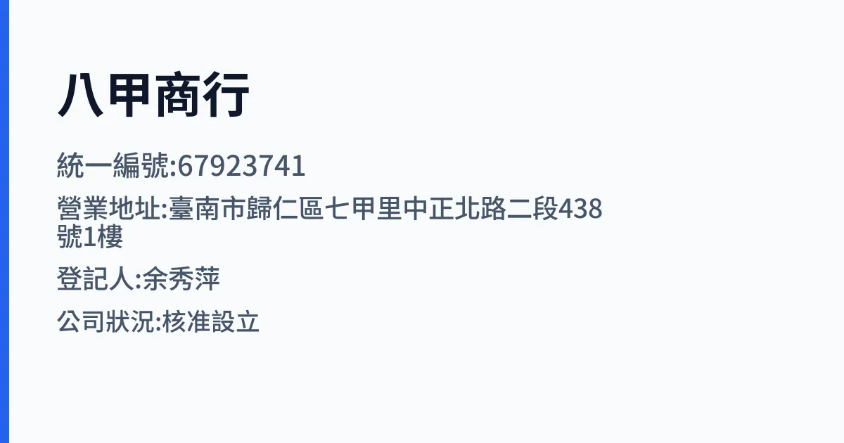 八甲商行 - 統編 67923741(臺南市) 公司登記資料與營業項目詳細圖表