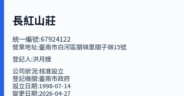 長紅山莊的照片-統編 67924122(臺南市) 公司登記資料與營業項目詳細圖表