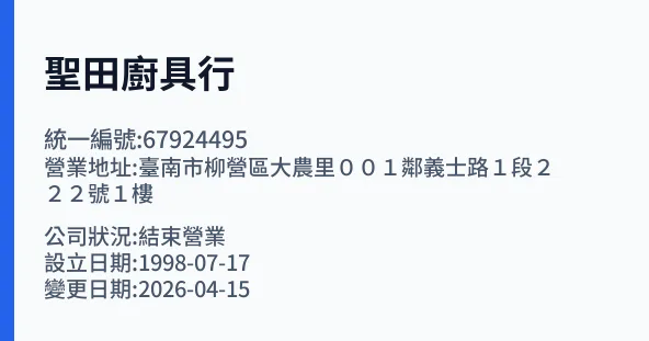聖田廚具行的照片-統編 67924495(臺南市) 公司登記資料與營業項目詳細圖表