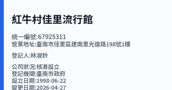 紅牛村佳里流行館的照片-統編 67925311(臺南市) 公司登記資料與營業項目詳細圖表