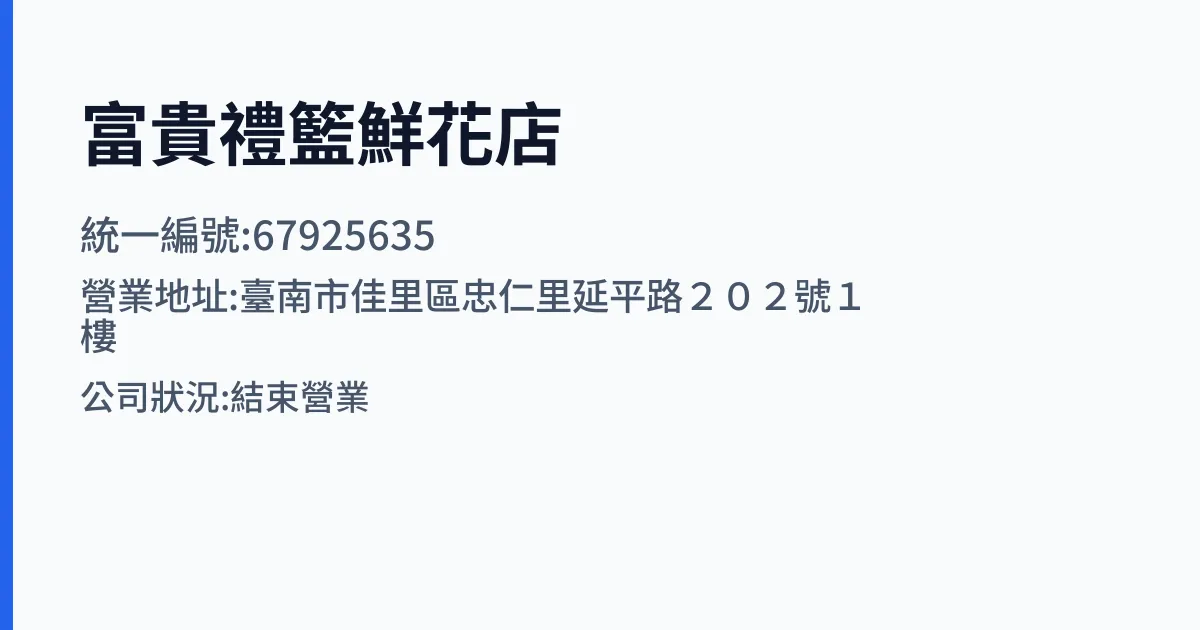 富貴禮籃鮮花店 - 統編 67925635(臺南市) 公司登記資料與營業項目詳細圖表