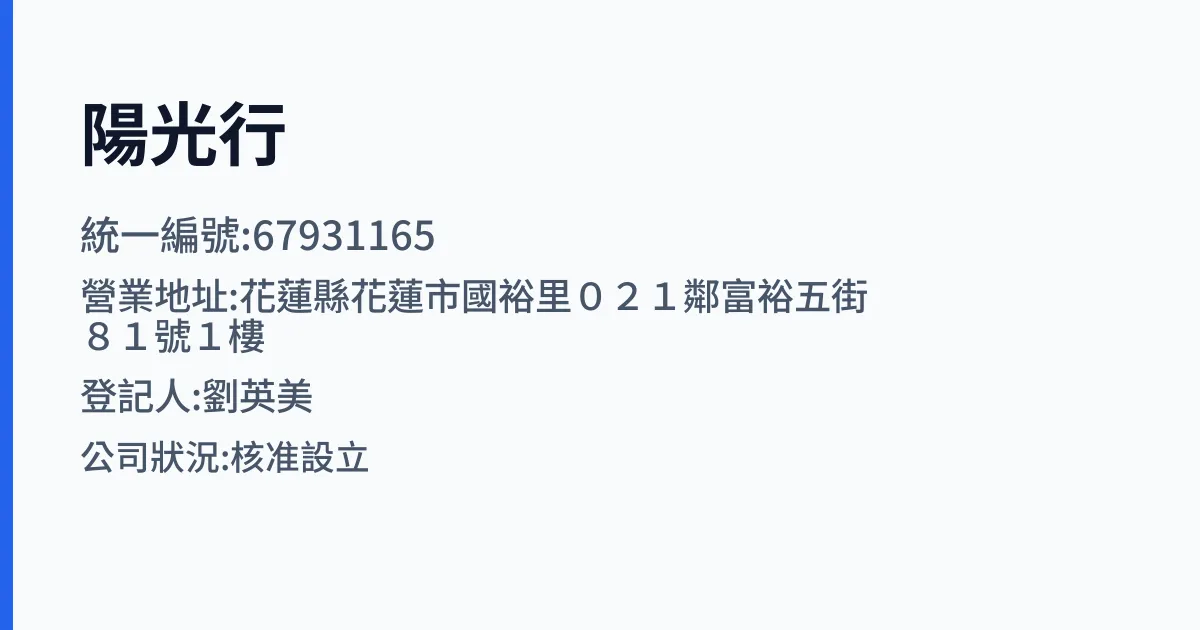 陽光行 - 統編 67931165(花蓮縣) 公司登記資料與營業項目詳細圖表