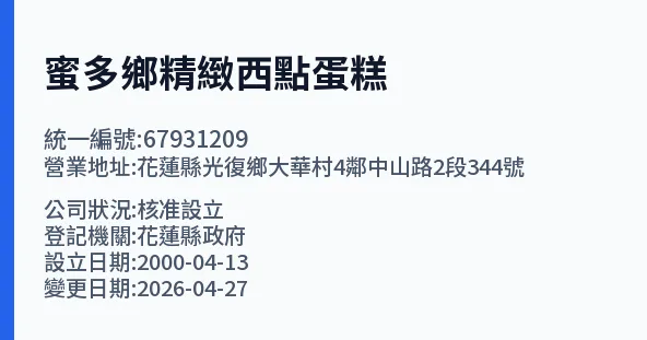蜜多鄉精緻西點蛋糕的照片-統編 67931209(花蓮縣) 公司登記資料與營業項目詳細圖表