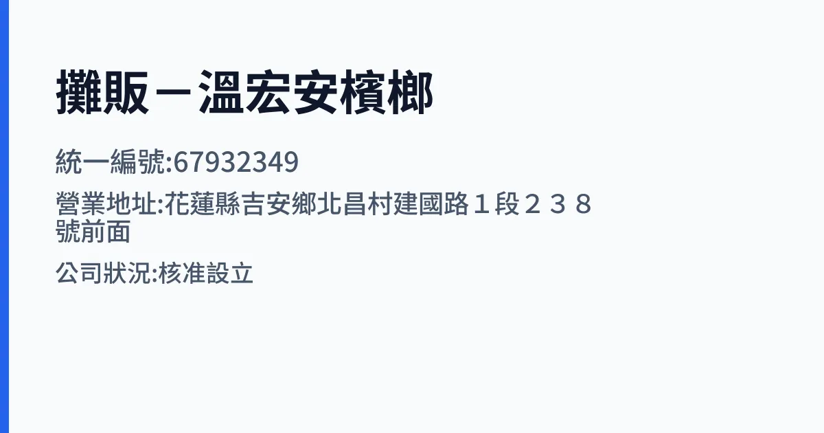 攤販－溫宏安檳榔 - 統編 67932349(花蓮縣) 公司登記資料與營業項目詳細圖表