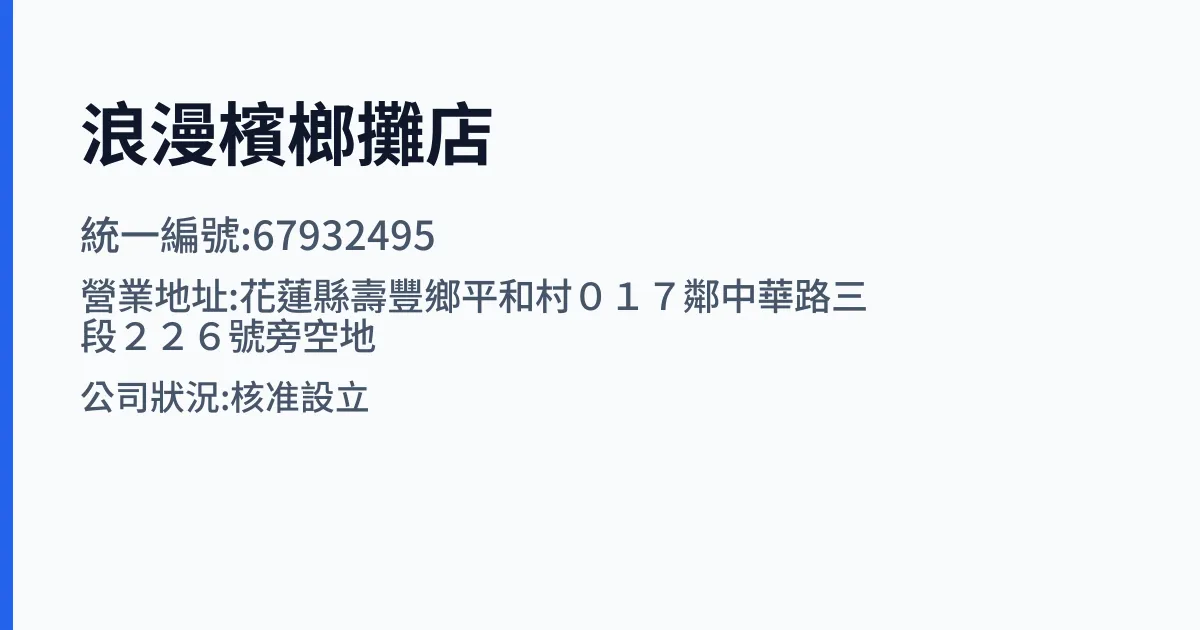 浪漫檳榔攤店 - 統編 67932495（花蓮縣） 公司登記資料與營業項目詳細圖表