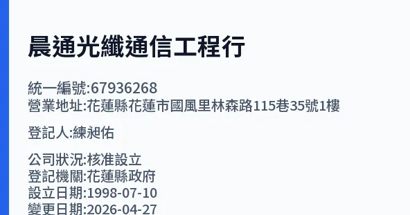 晨通光纖通信工程行的照片-統編 67936268(花蓮縣) 公司登記資料與營業項目詳細圖表