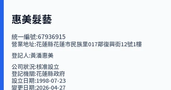 惠美髮藝的照片-統編 67936915(花蓮縣) 公司登記資料與營業項目詳細圖表