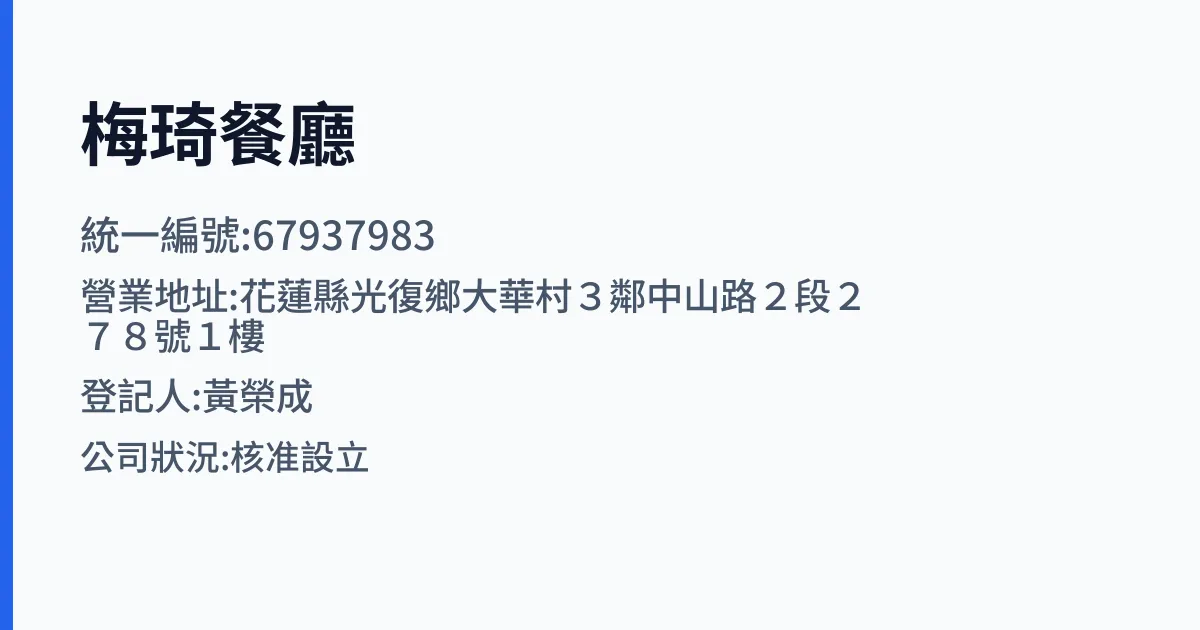梅琦餐廳 - 統編 67937983(花蓮縣) 公司登記資料與營業項目詳細圖表