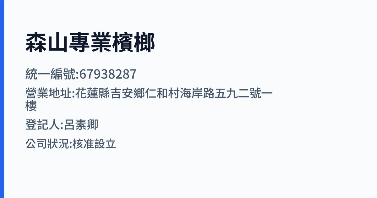 森山專業檳榔 - 統編 67938287(花蓮縣) 公司登記資料與營業項目詳細圖表