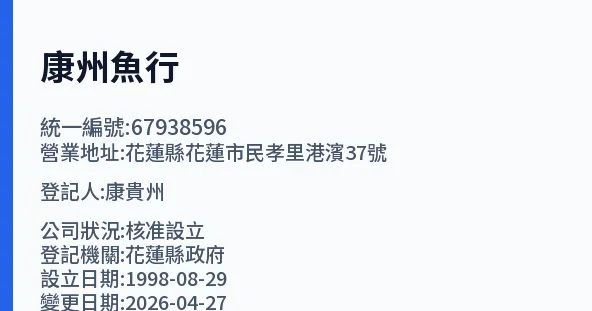 康州魚行的照片-統編 67938596(花蓮縣) 公司登記資料與營業項目詳細圖表