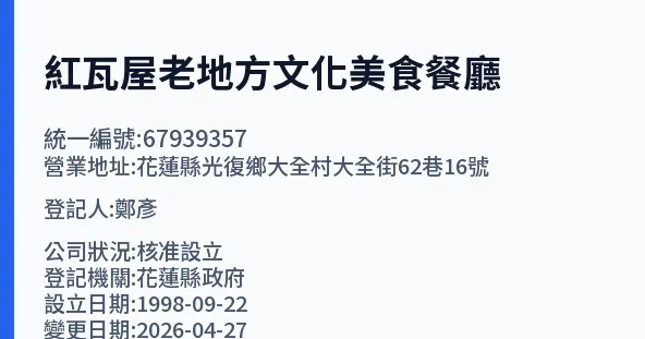 紅瓦屋老地方文化美食餐廳的照片-統編 67939357(花蓮縣) 公司登記資料與營業項目詳細圖表