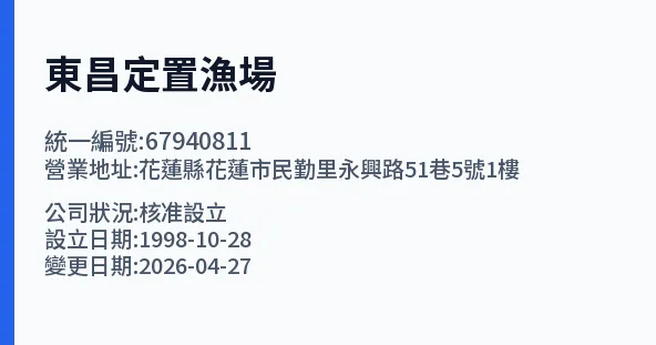 東昌定置漁場的照片-統編 67940811(花蓮縣) 公司登記資料與營業項目詳細圖表