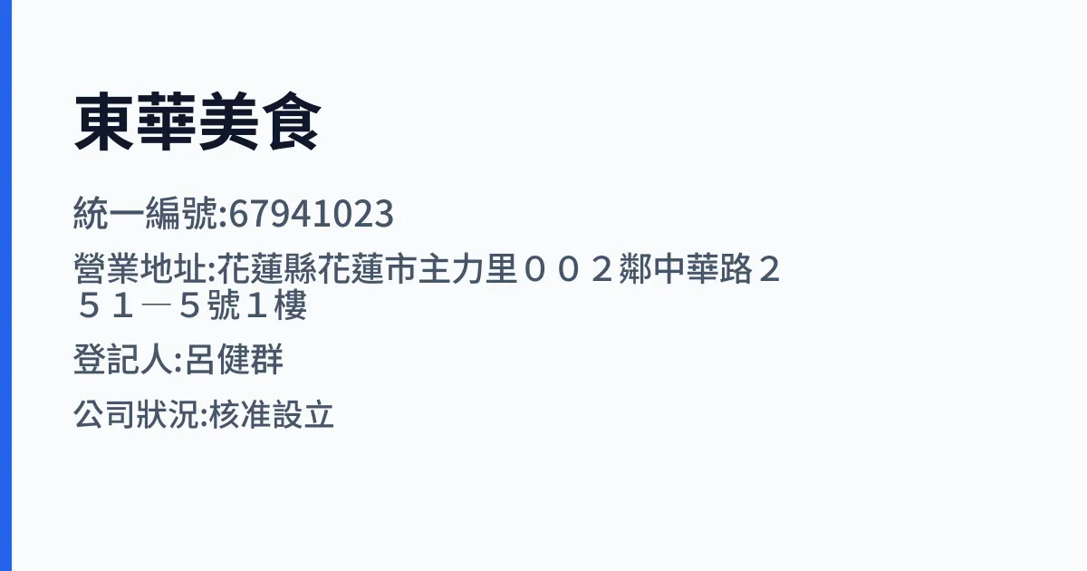 東華美食 - 統編 67941023(花蓮縣) 公司登記資料與營業項目詳細圖表