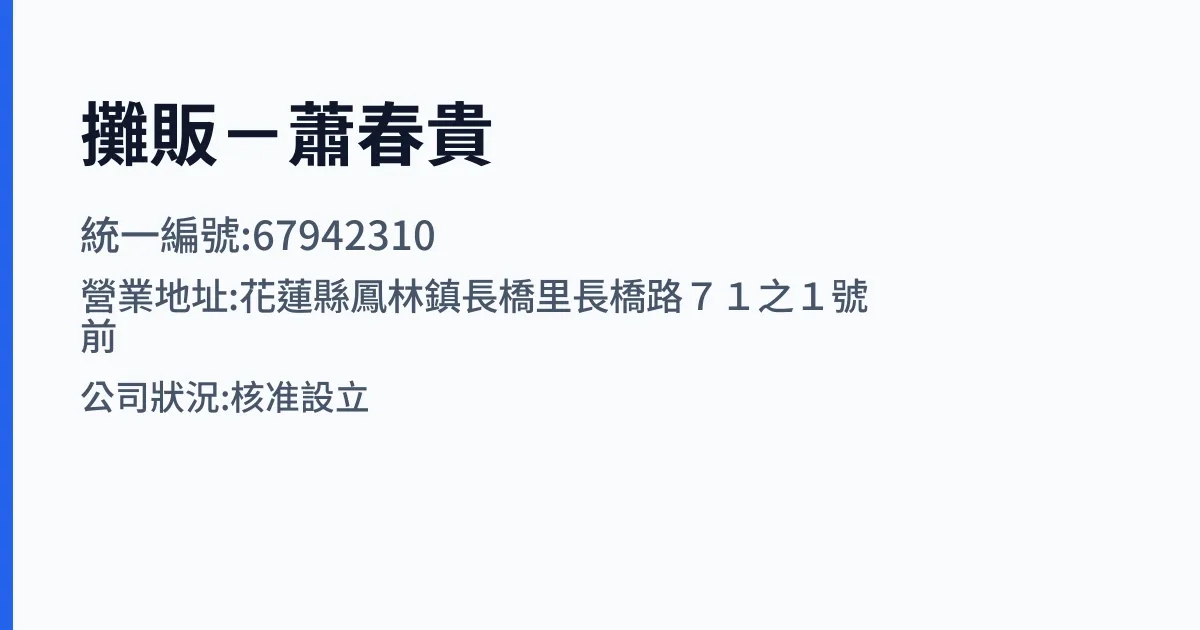 攤販-蕭春貴 - 統編 67942310(花蓮縣) 公司登記資料與營業項目詳細圖表